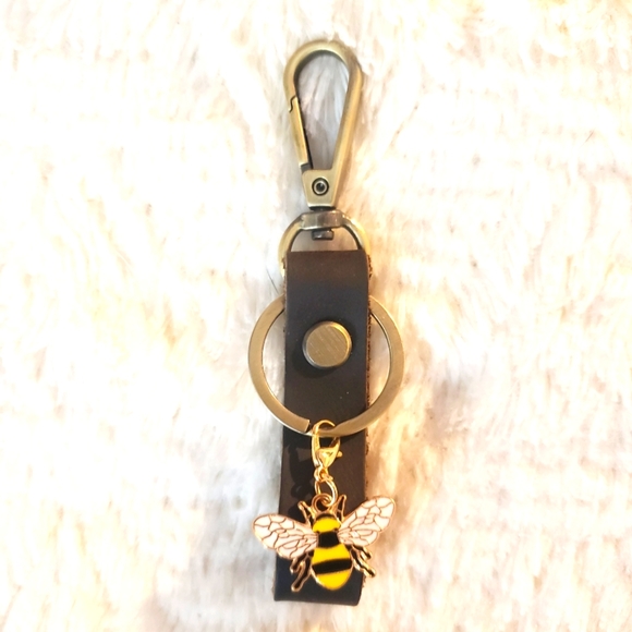 None | Accessories | Genuine Coffee Brown Leather Key Holder With Bee ...